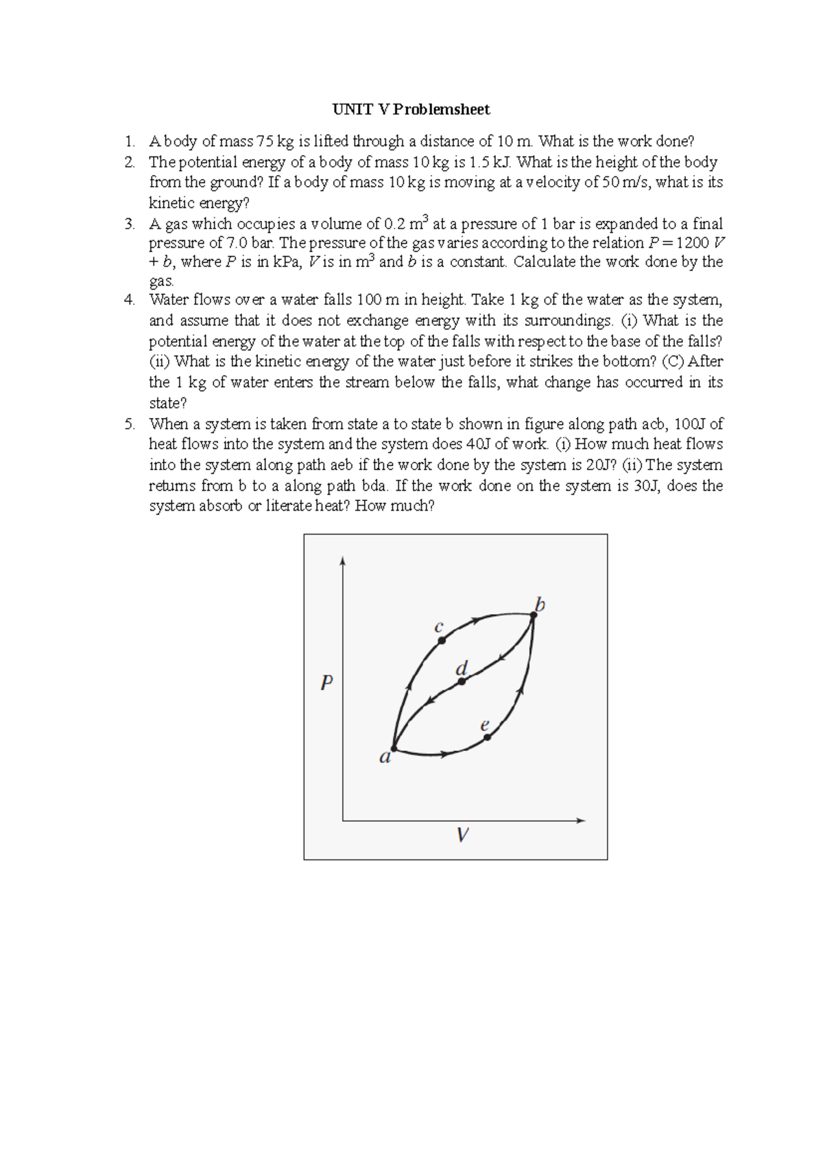 UNIT V(Thermodynamics) problem sheet - UNIT V Problemsheet A body of mass 75 kg is lifted ...