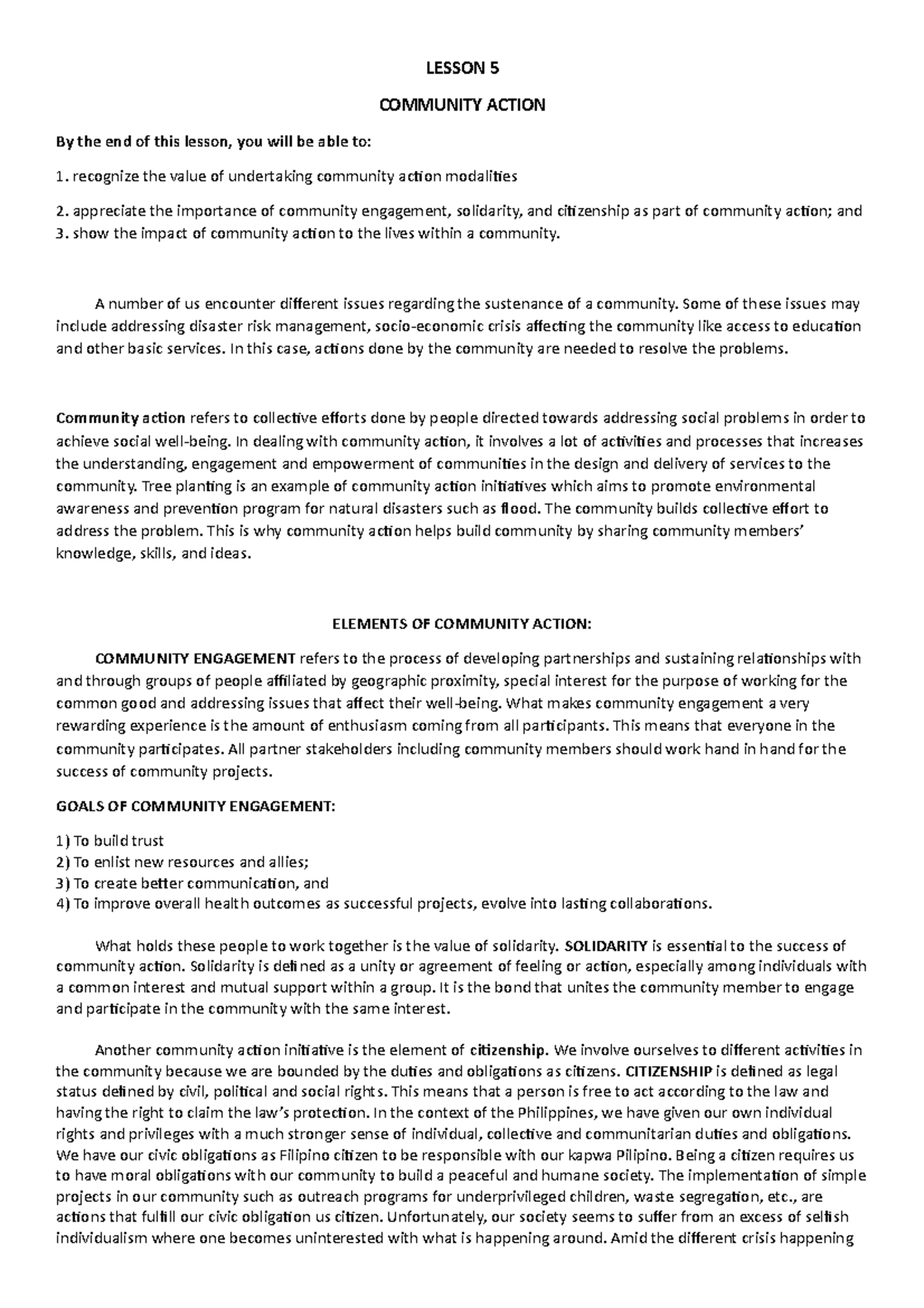 Lesson-5 - VGV - LESSON 5 COMMUNITY ACTION By the end of this lesson ...