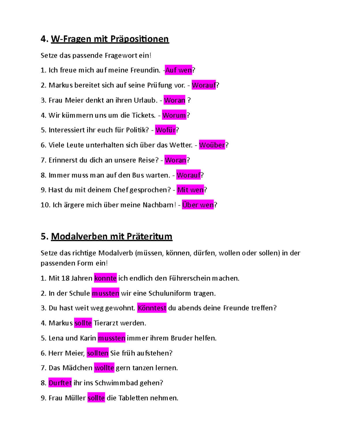 ÜBUNG 2 - ... - 4. W-Fragen mit Präpositionen Setze das passende ...