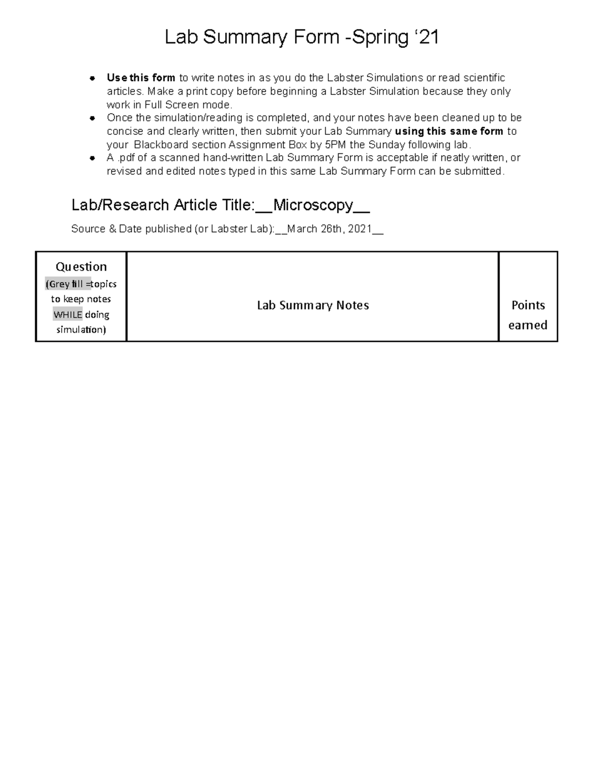 Microscopy Lab Summary Form -Sp21 - Lab Summary Form -Spring ‘ Use this ...