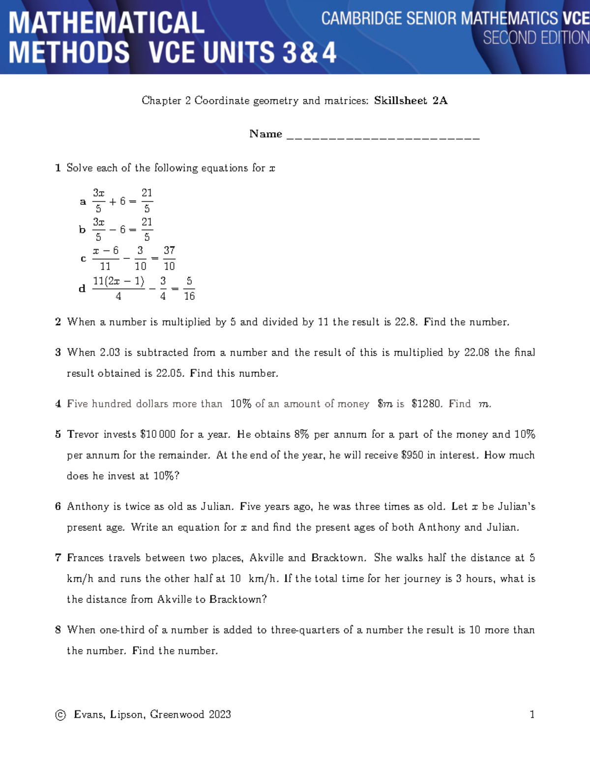 Skillsheet-2A - Practice - Chapter 2 Coordinate geometry and matrices: Skillsheet 2A Name - Studocu