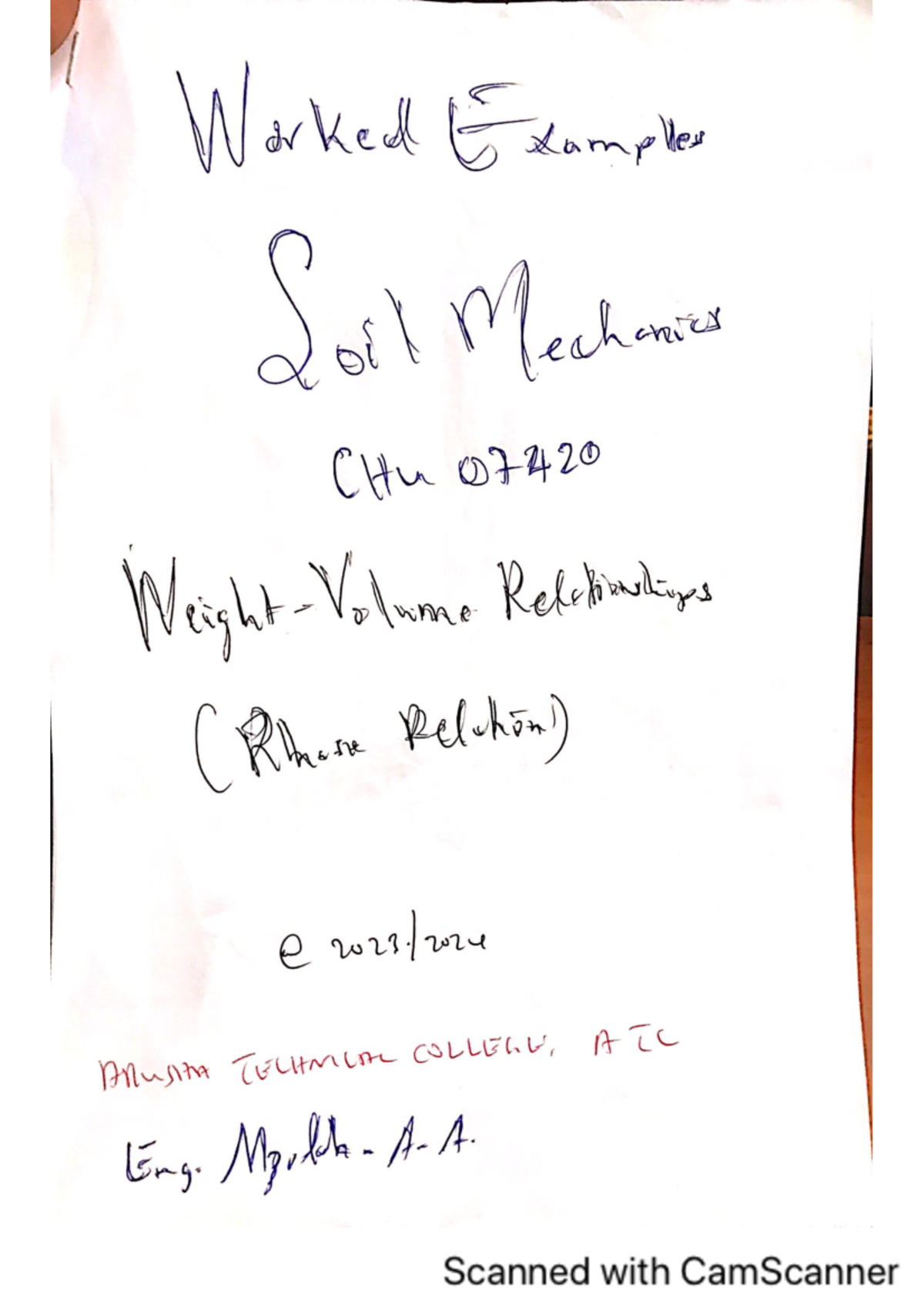 Worked examples soil mechanics - Worked Damples Sal Mechanics CHu 07420 ...