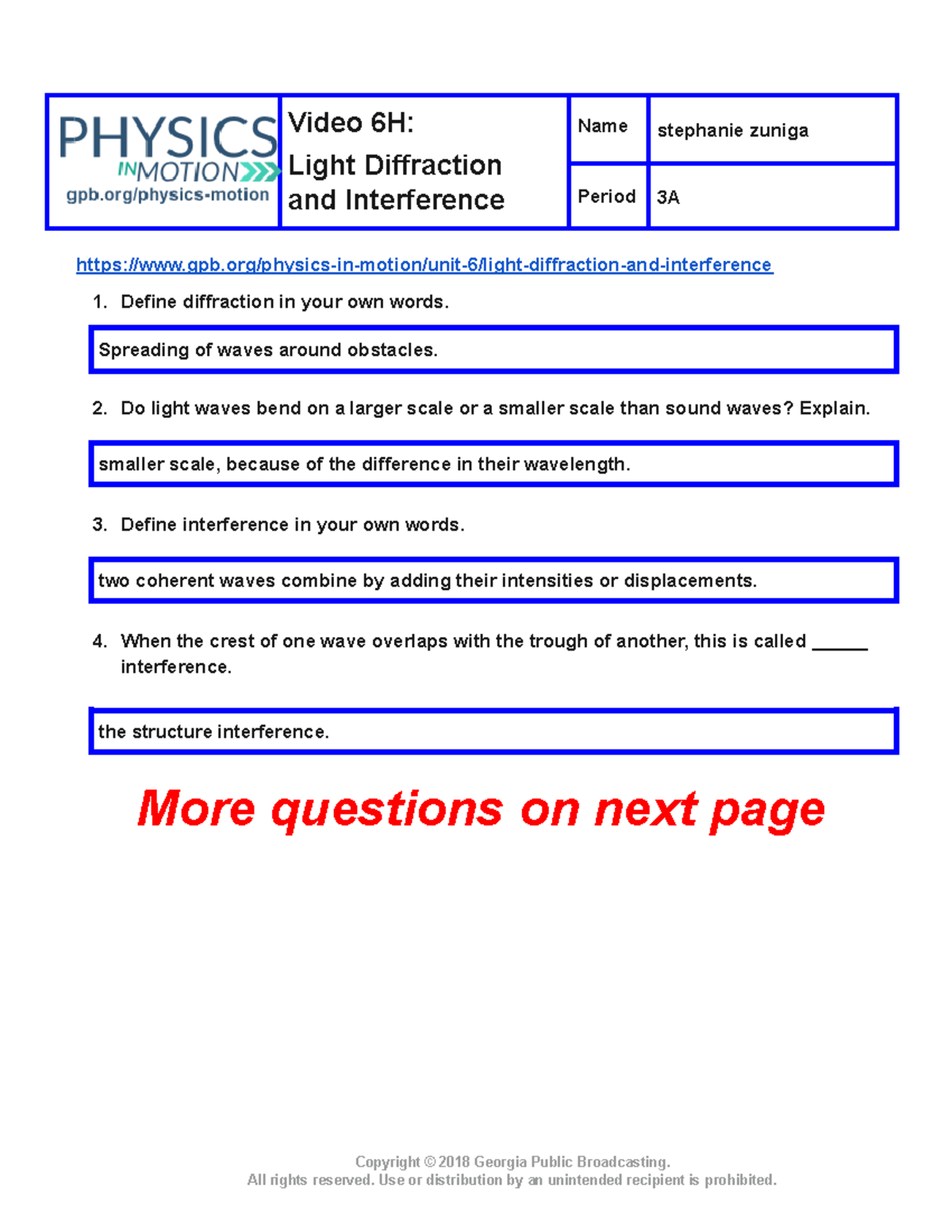 Copy of Video 6H NTG - Light Diffraction and Interference.docx - Video 6H: Light Diffraction and ...