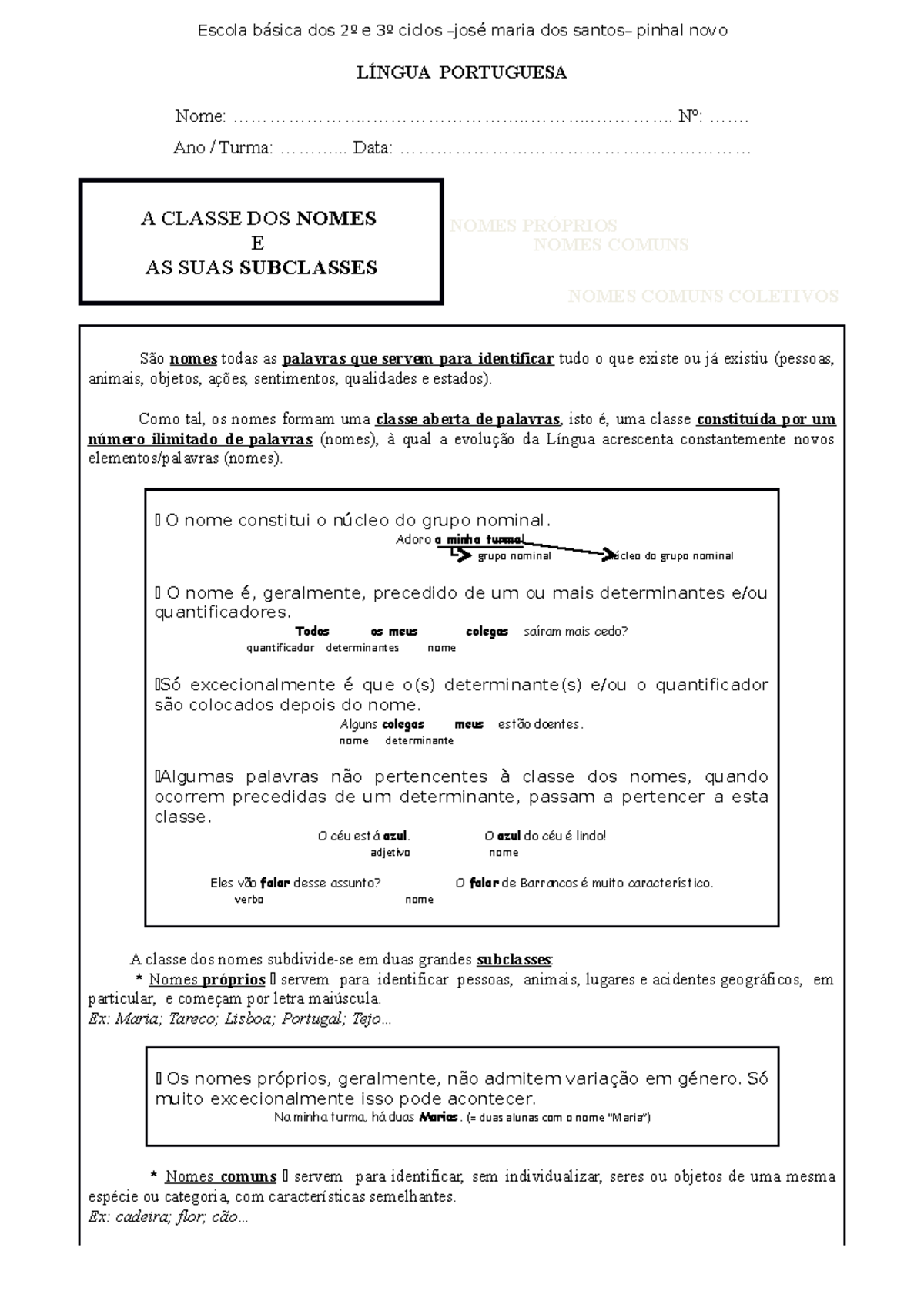 A Classe DOS Nomes E AS SUAS Subclasses - Escola básica dos 2º e 3º ...