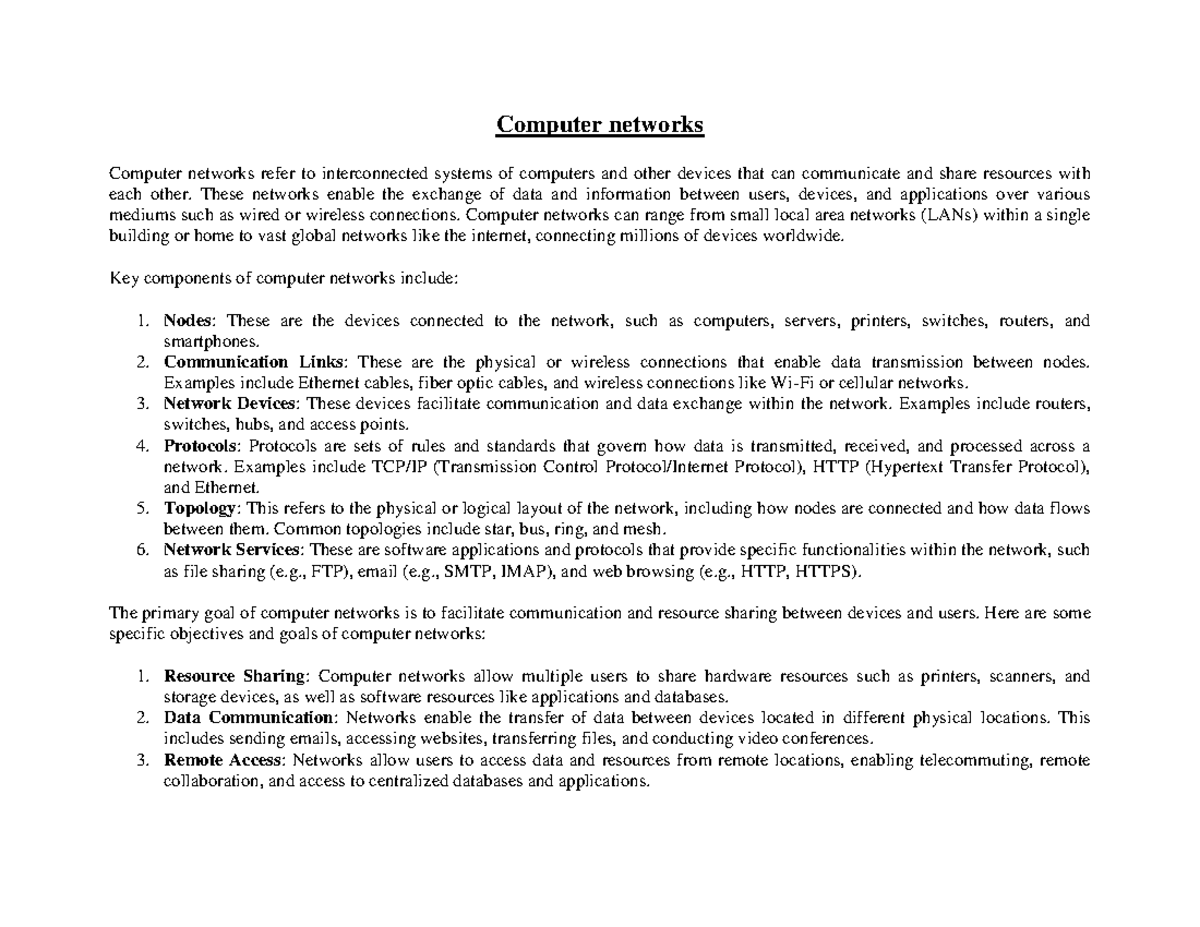 Cn Unit 1 Computer Networks Computer Networks Refer To Interconnected Systems Of Computers And