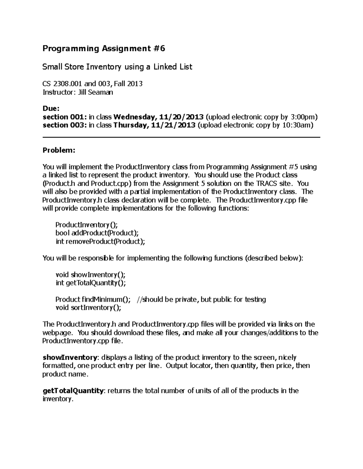 Assignment 6 - CS 2308 - Programming Assignment ! Small Store Inventory using a Linked List ! CS ...