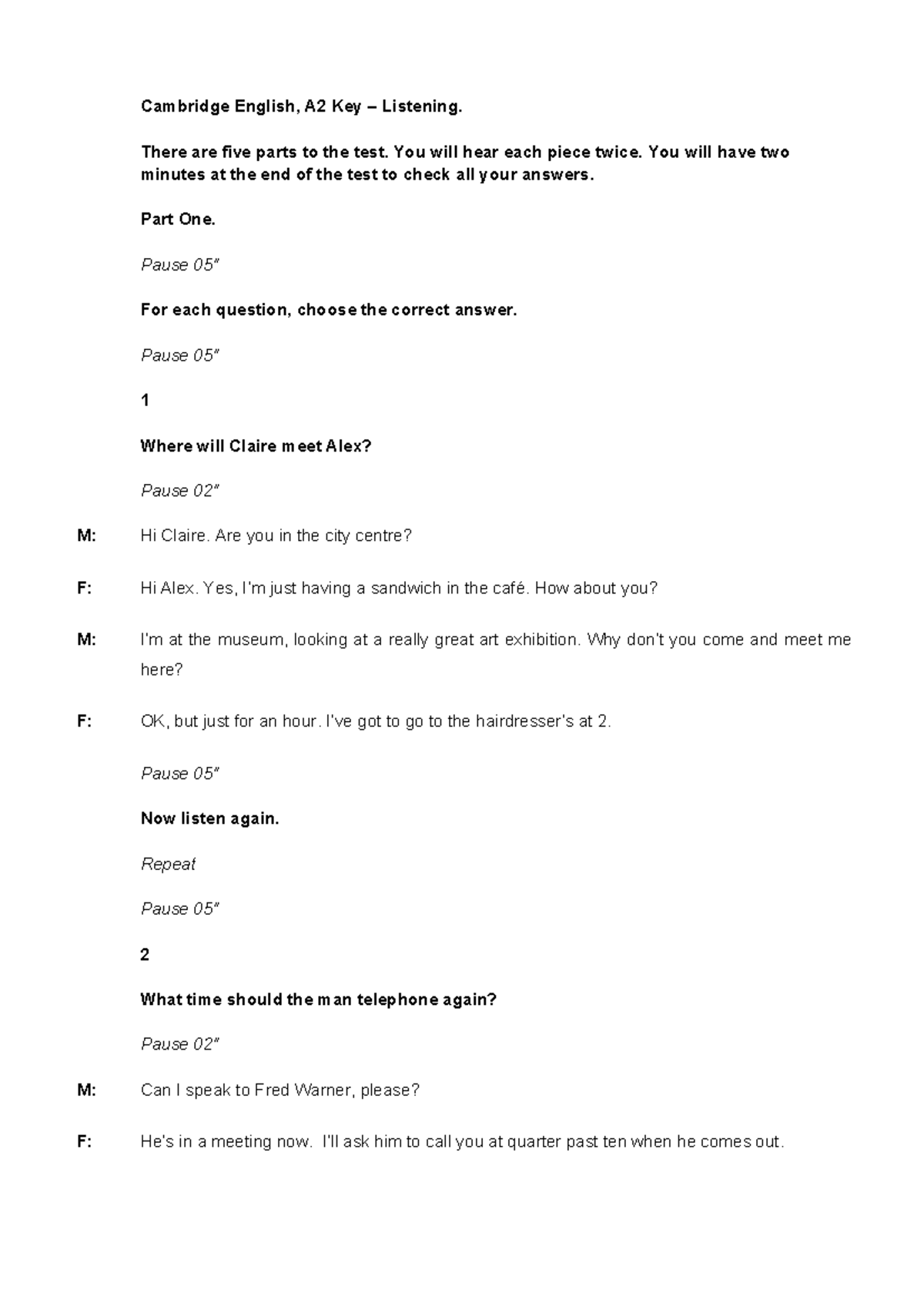 697379 a2 key listening sample 1 tapescript - Cambridge English, A2 Key ...