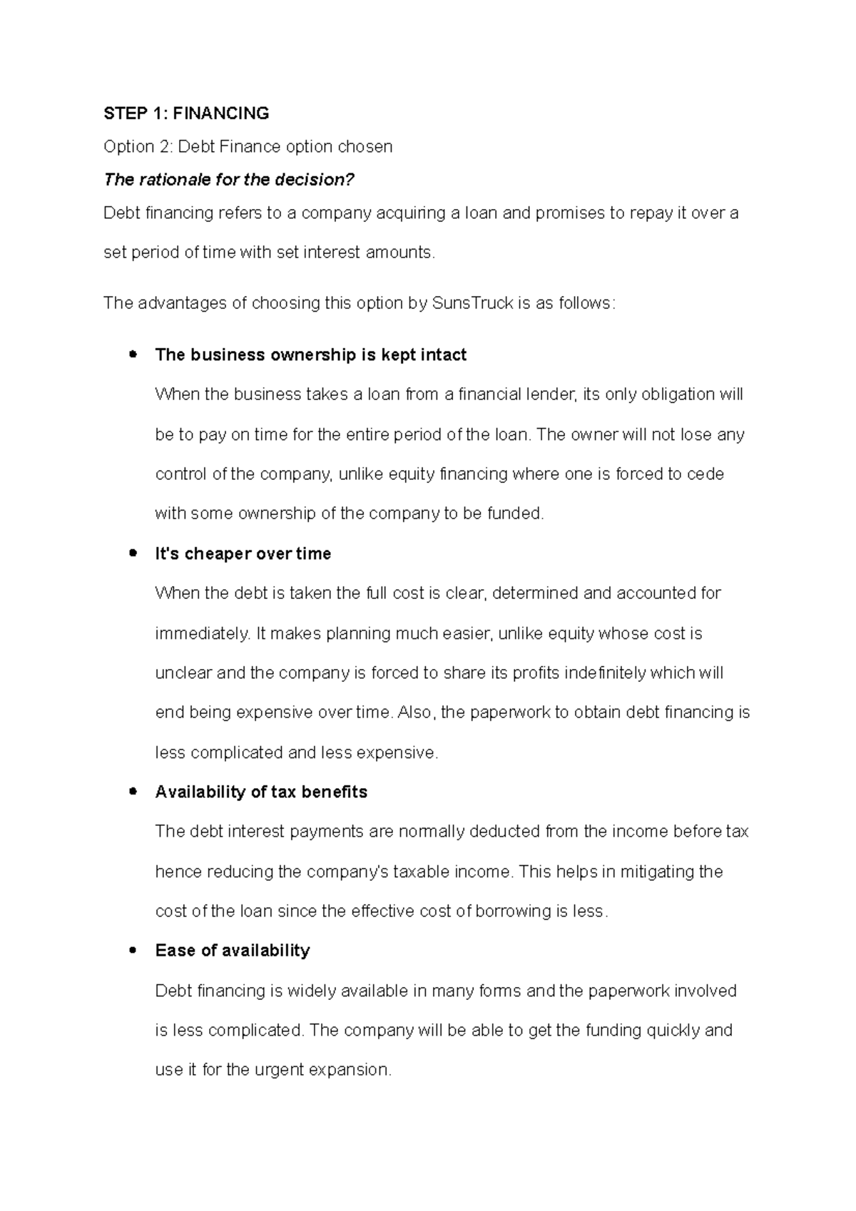 Assignment 2 - Finance & Accounting - STEP 1: FINANCING Option 2: Debt ...
