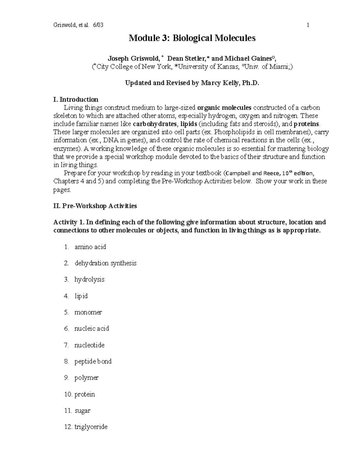 Module 3 Biological Molecules Pre-Assignment - Griswold, et al. 6/03 1 ...