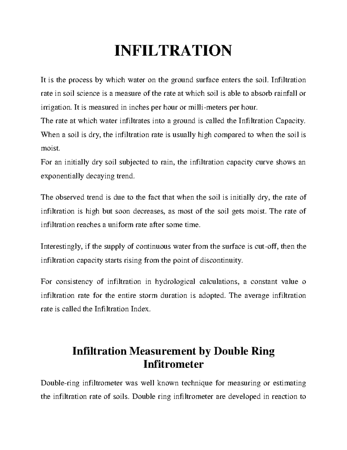 Infiltration - INFILTRATION It is the process by which water on the ...