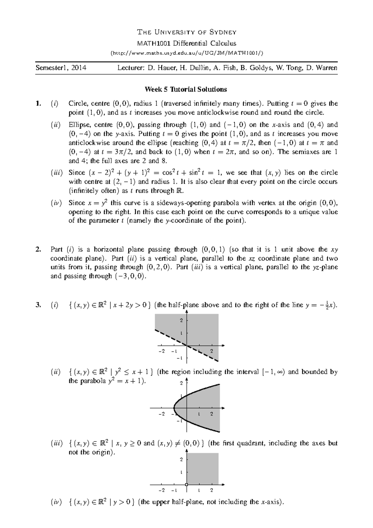 MATH1001 - Week 5 Tutorial - Multivariate Functions and Parametric ...
