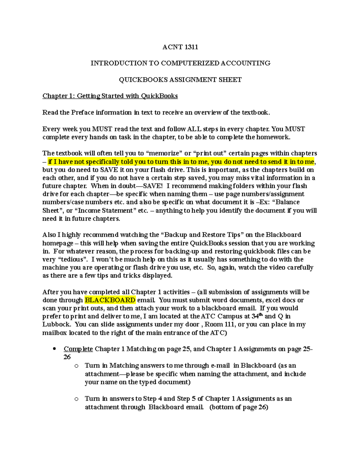 Chapter 1 Instruction Sheet - ACNT 1311 INTRODUCTION TO COMPUTERIZED ACCOUNTING QUICKBOOKS - Studocu