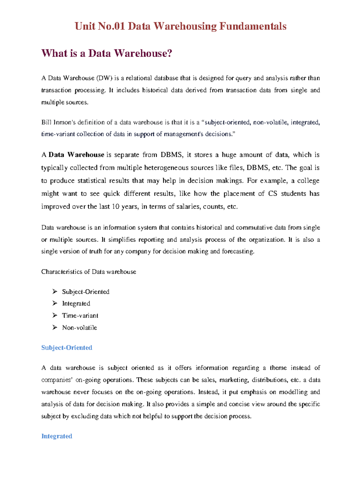 Module 1 - Unit No Data Warehousing Fundamentals What is a Data Warehouse? A Data Warehouse (DW ...