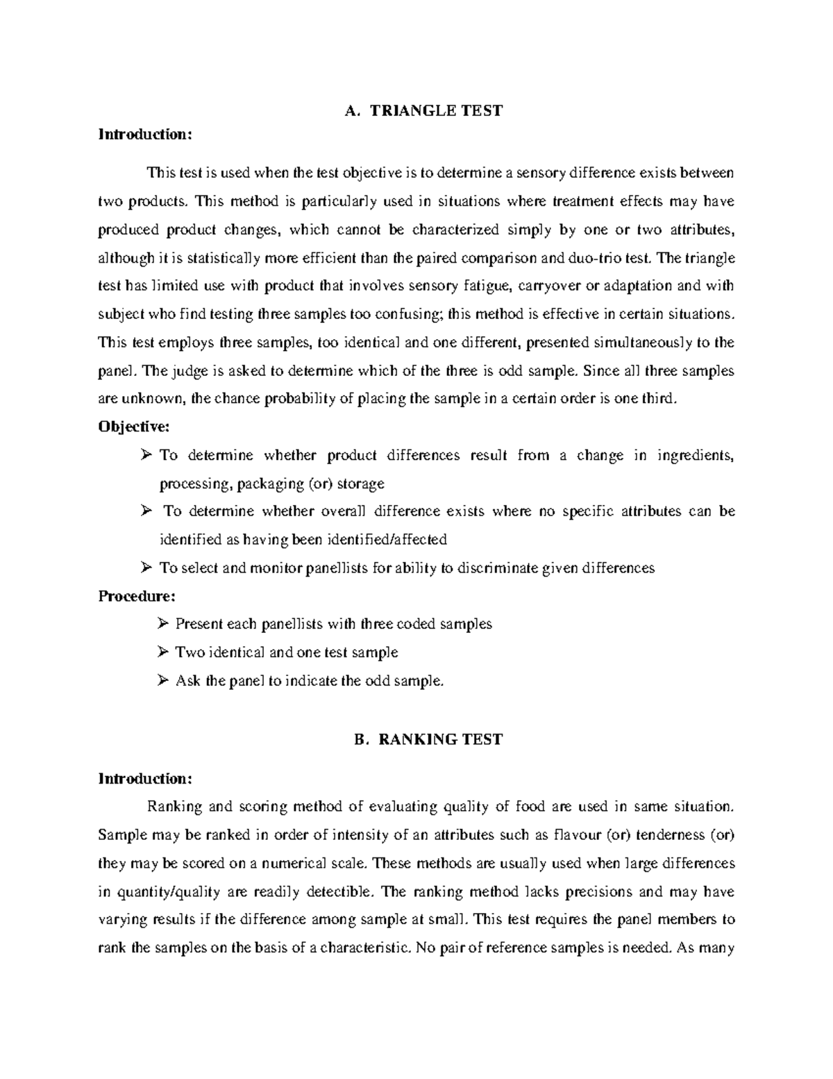 Triangle, Ranking and Hedonic test. (practical) - A. TRIANGLE TEST ...