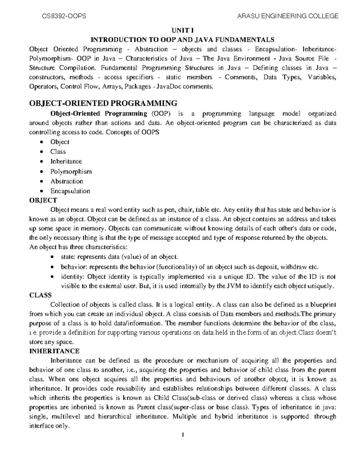 Material - CS8392 - CS8392-OOPS ARASU ENGINEERING COLLEGE UNIT I ...