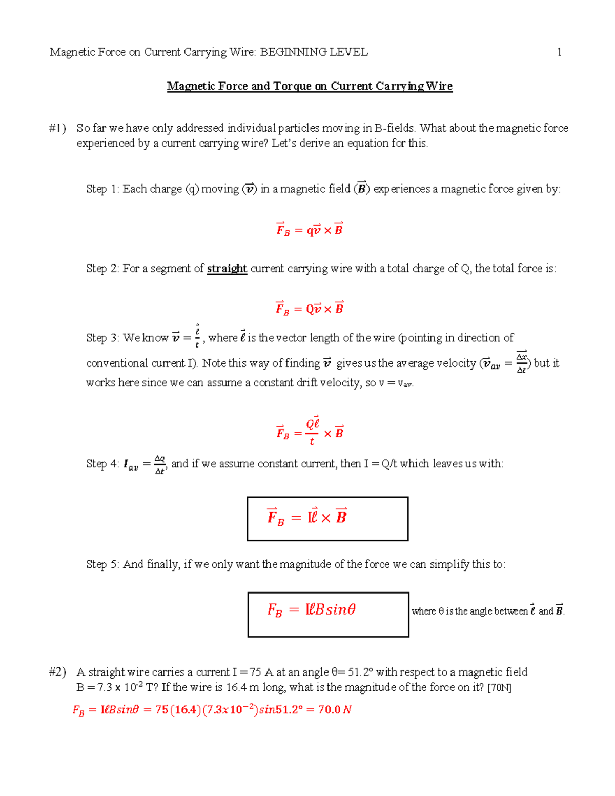 17 Mag Force on Wire and Torque Answers - Magnetic Force on Current ...