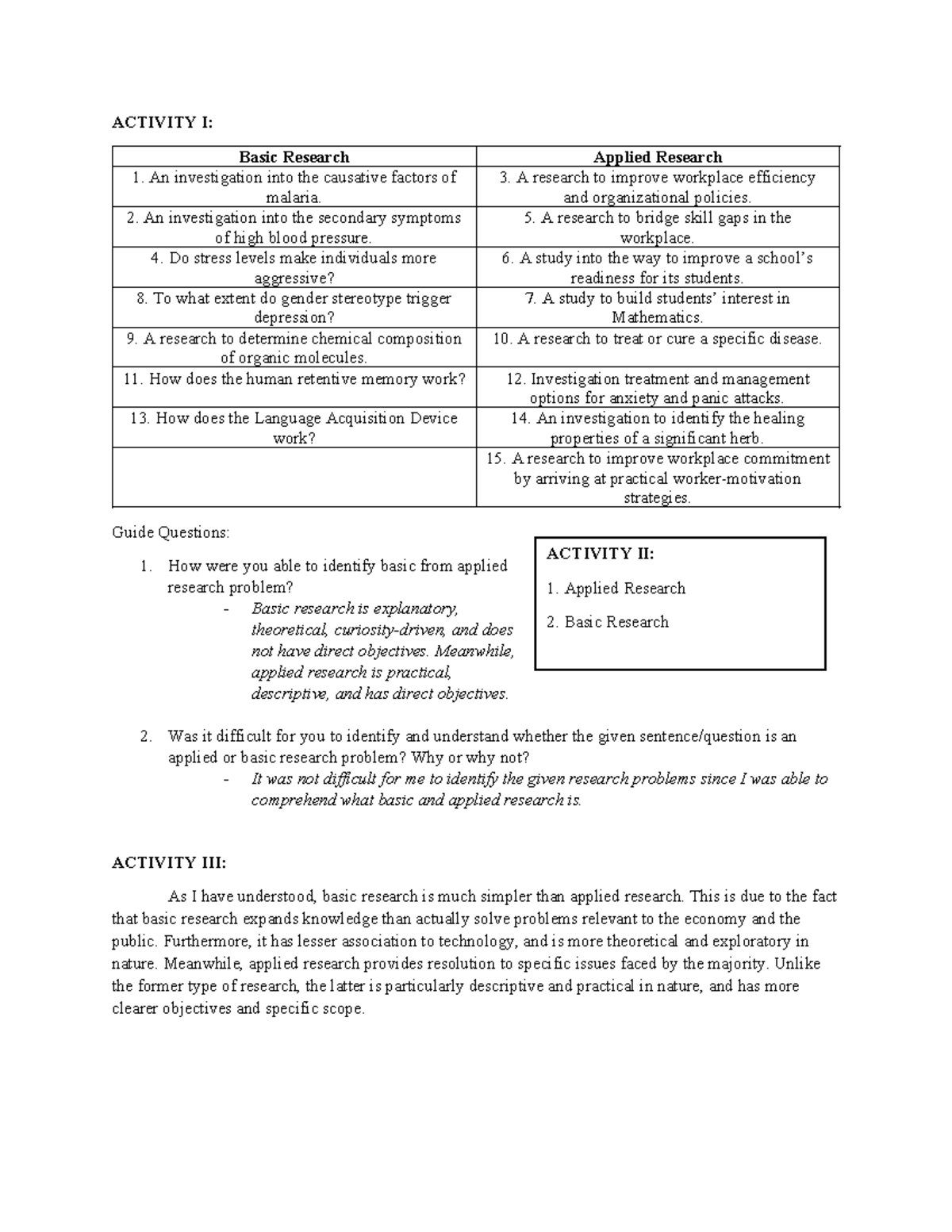 Practical Research III - ACTIVITY I: Basic Research Applied Research An ...