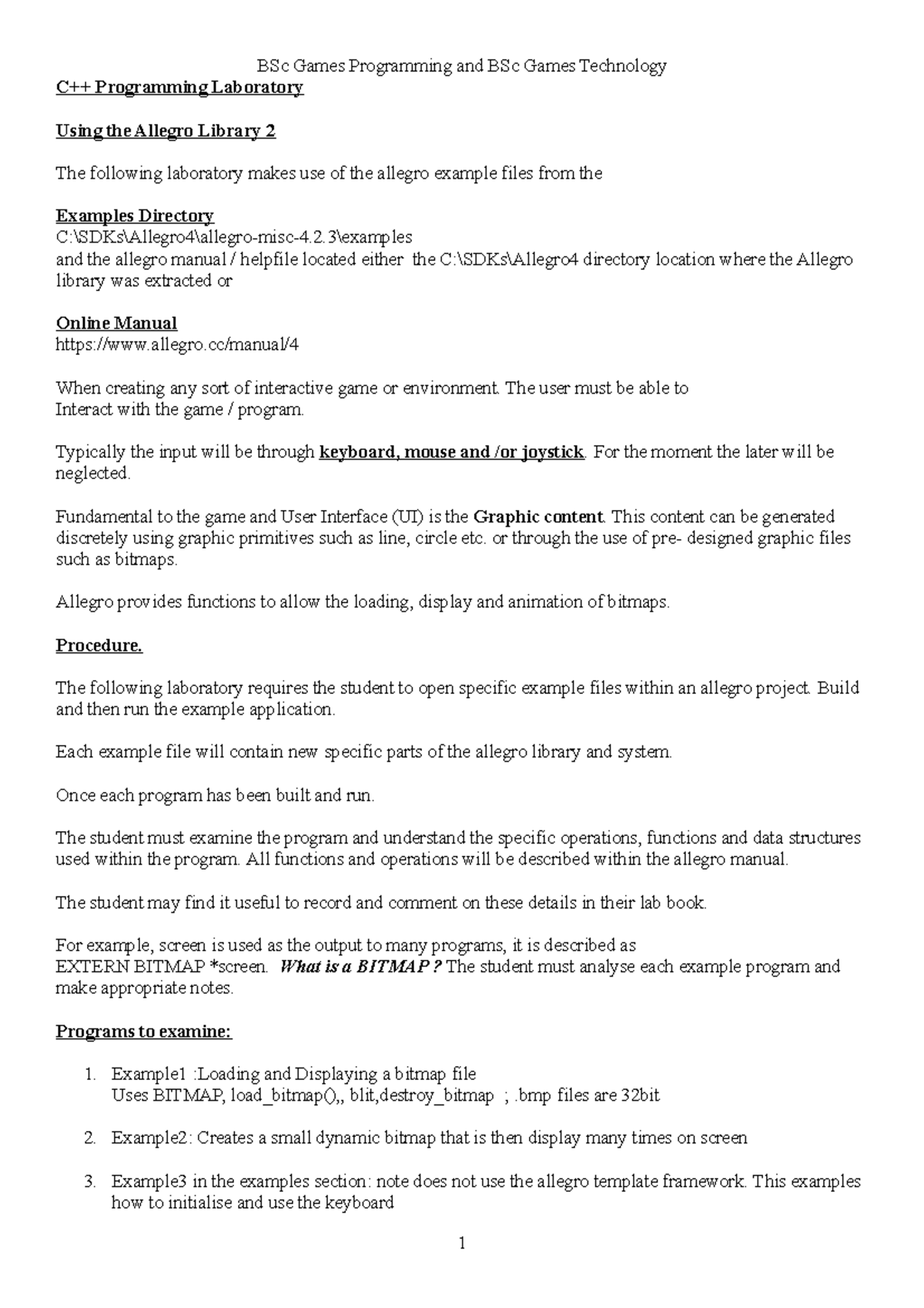 C Programming Laboratory Intro Allegro 2016 2017 Lab2 - BSc Games ...