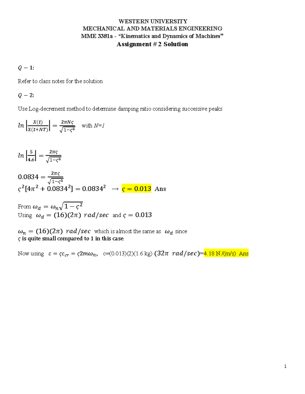 Assignment 2+solutions - WESTERN UNIVERSITY MECHANICAL AND MATERIALS ...