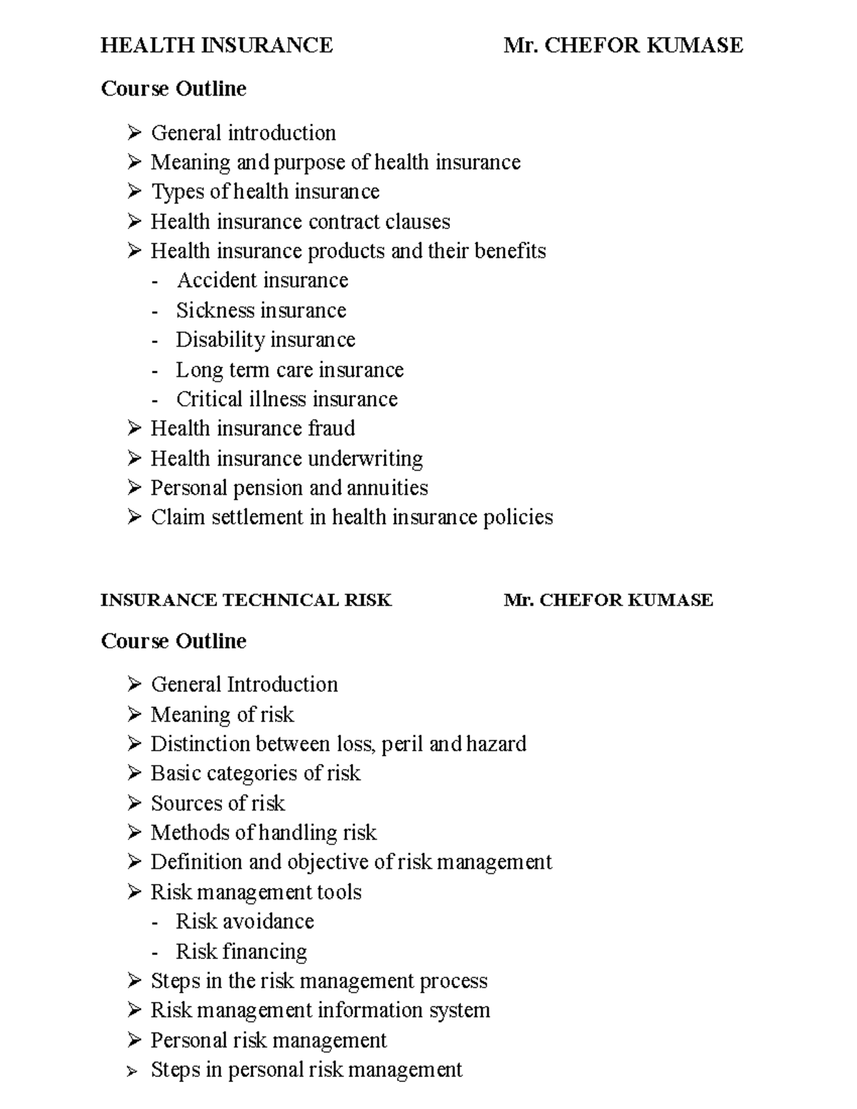 Course Outline 2 - hardworking - HEALTH INSURANCE Mr. CHEFOR KUMASE ...