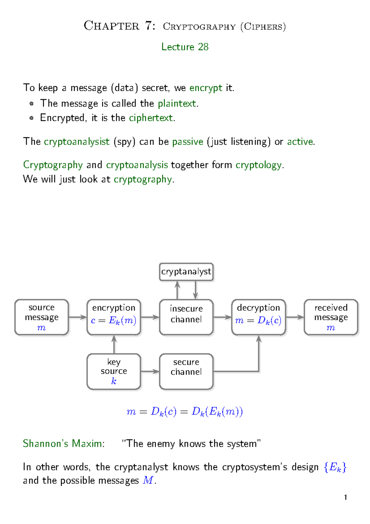 Chapter 7 - Lectures 28-30 - Chapter 7: Cryptography (Ciphers) Lecture 28 To keep a message ...