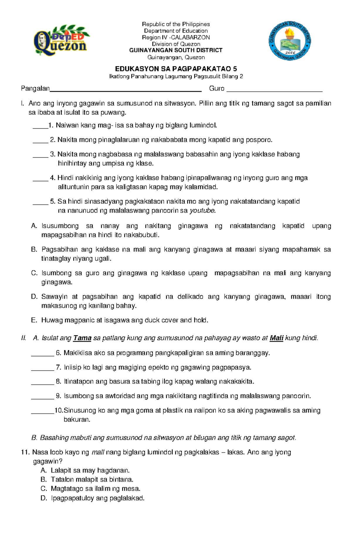 ESP 5 Q3 ST2 - FOR STUDY PURPOSES - Republic of the Philippines Department of Education Region ...