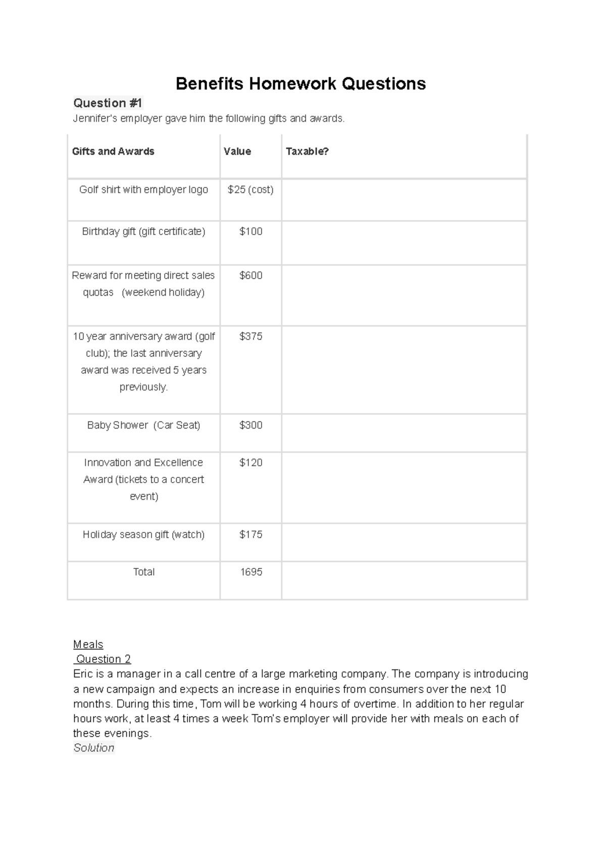Benefit Questions Homwork - Benefits Homework Questions Question ...