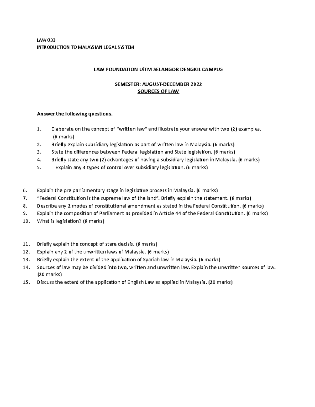 Tutorial (WEEK 9) - hhh - LAW 033 INTRODUCTION TO MALAYSIAN LEGAL ...