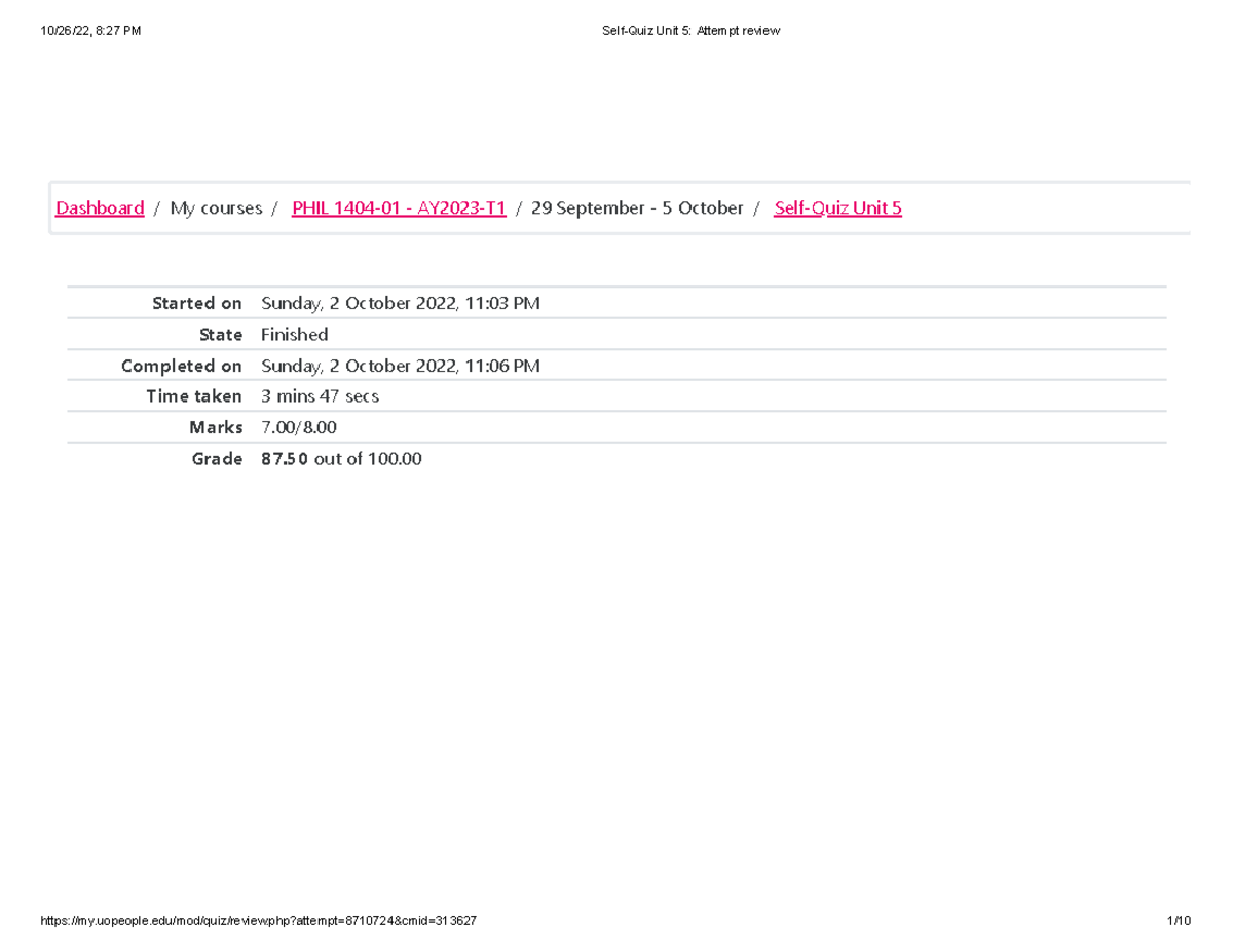 Self-Quiz Unit 5 Attempt review - Started on Sunday, 2 October 2022, 11:03 PM State Finished ...