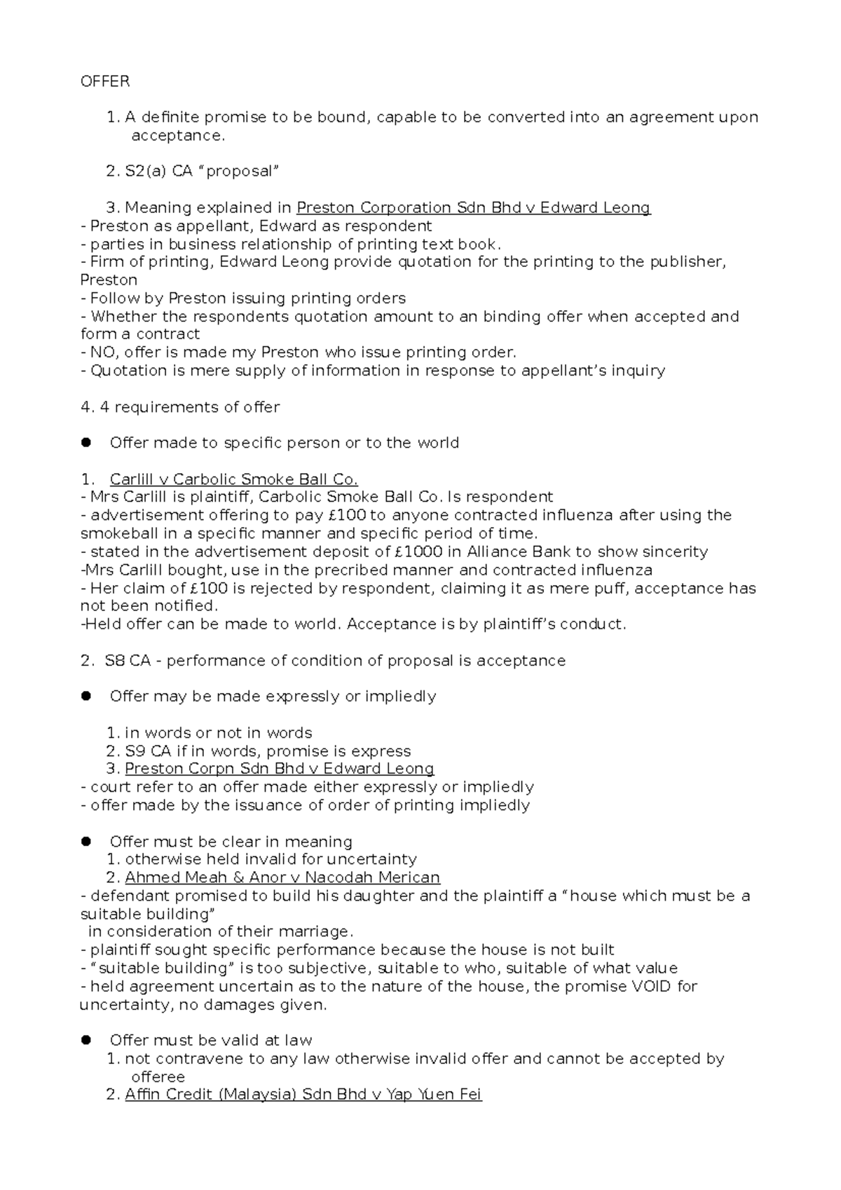 Offer - Summaries - OFFER A definite promise to be bound, capable to be ...