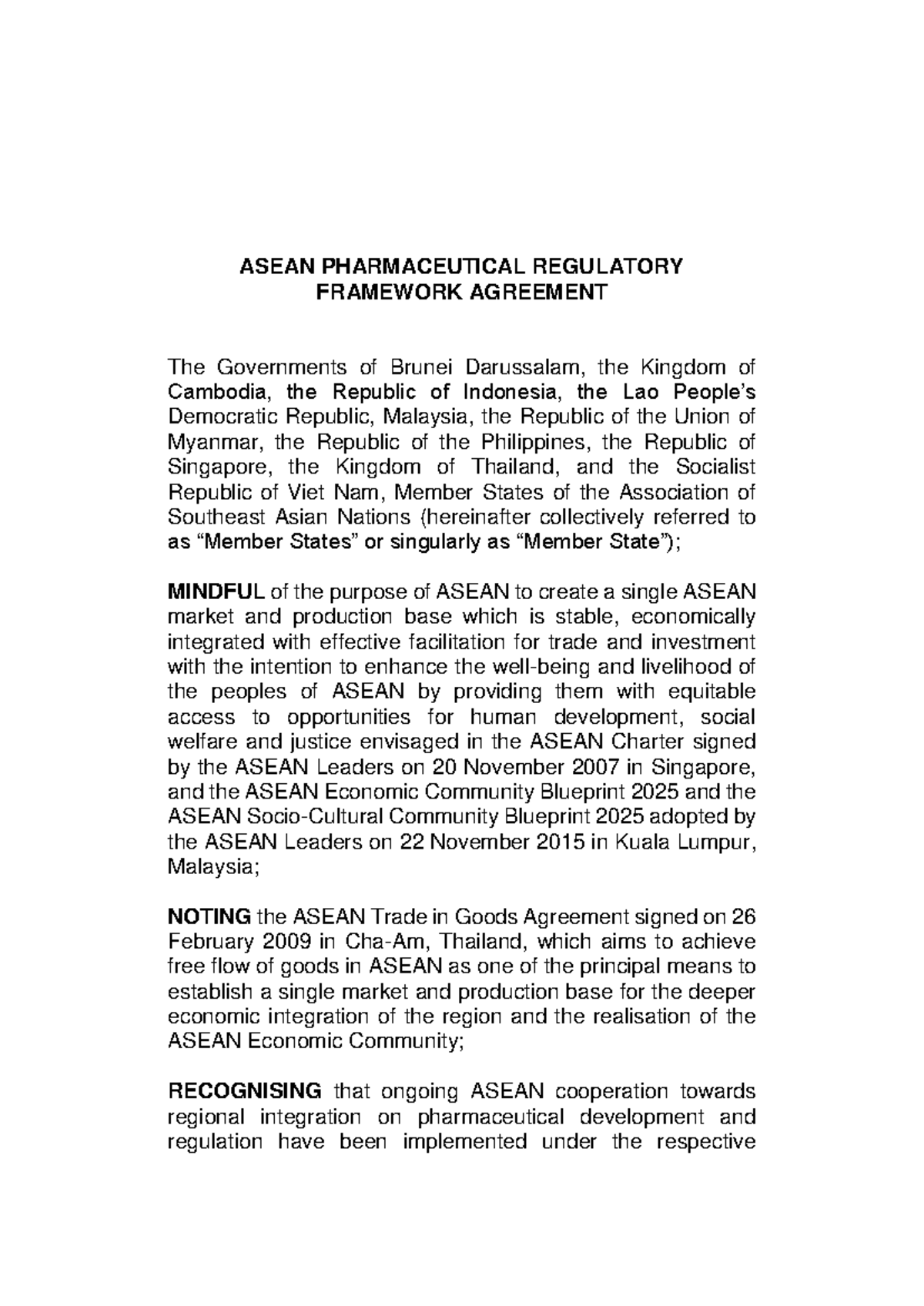 Asean Pharmaceutical Regulatory Framework Agreement - ASEAN PHARMACEUTICAL REGULATORY FRAMEWORK ...