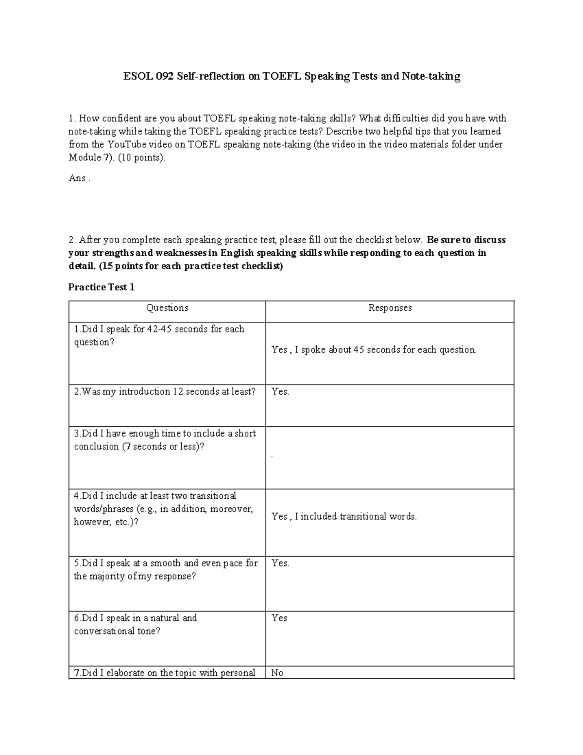 ESOL 092 Self-reflection on Toefl Speaking Tests - ESOL 092 Self ...