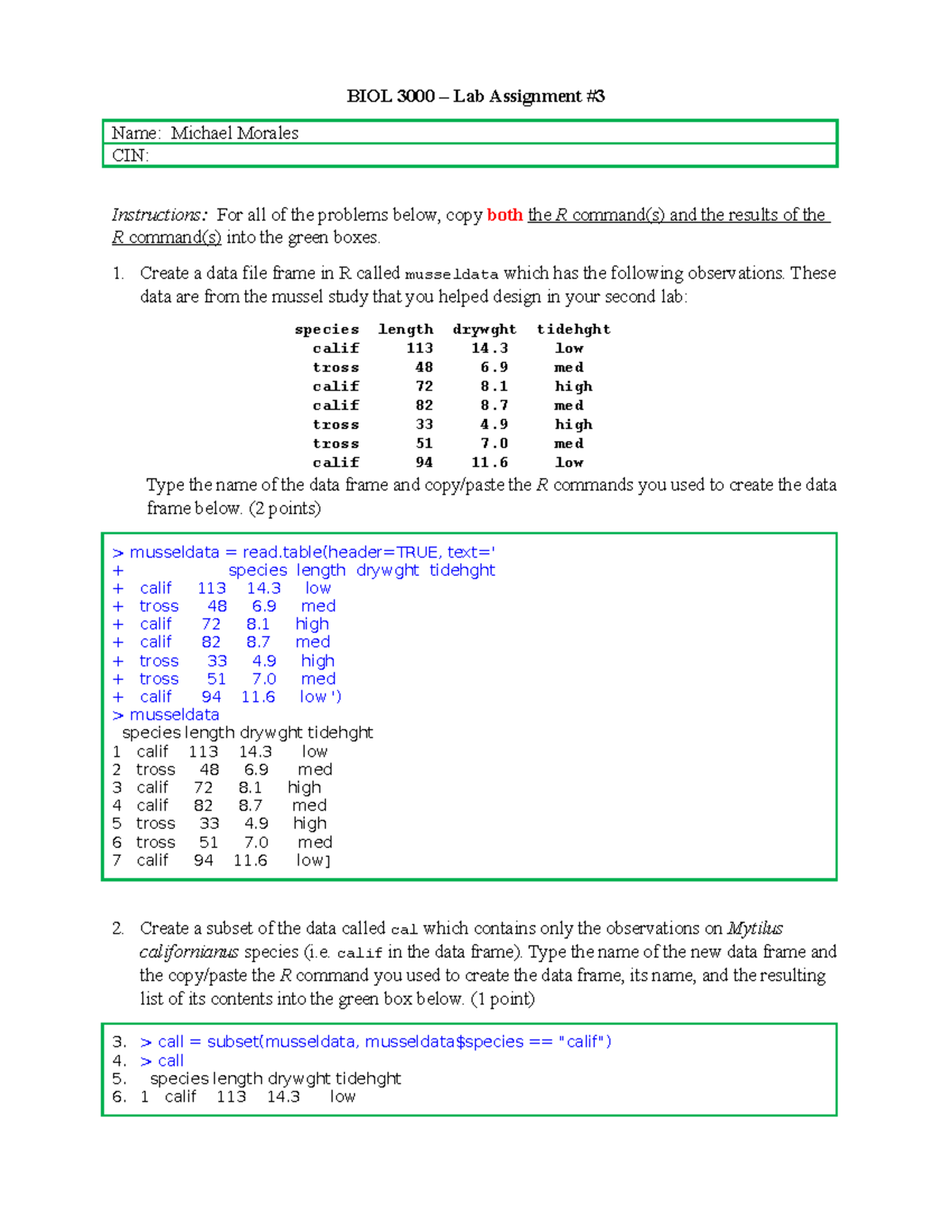 Lab Assignment 3Workingwith Data 1 - BIOL 3000 – Lab Assignment Name: Michael Morales CIN: - Studocu