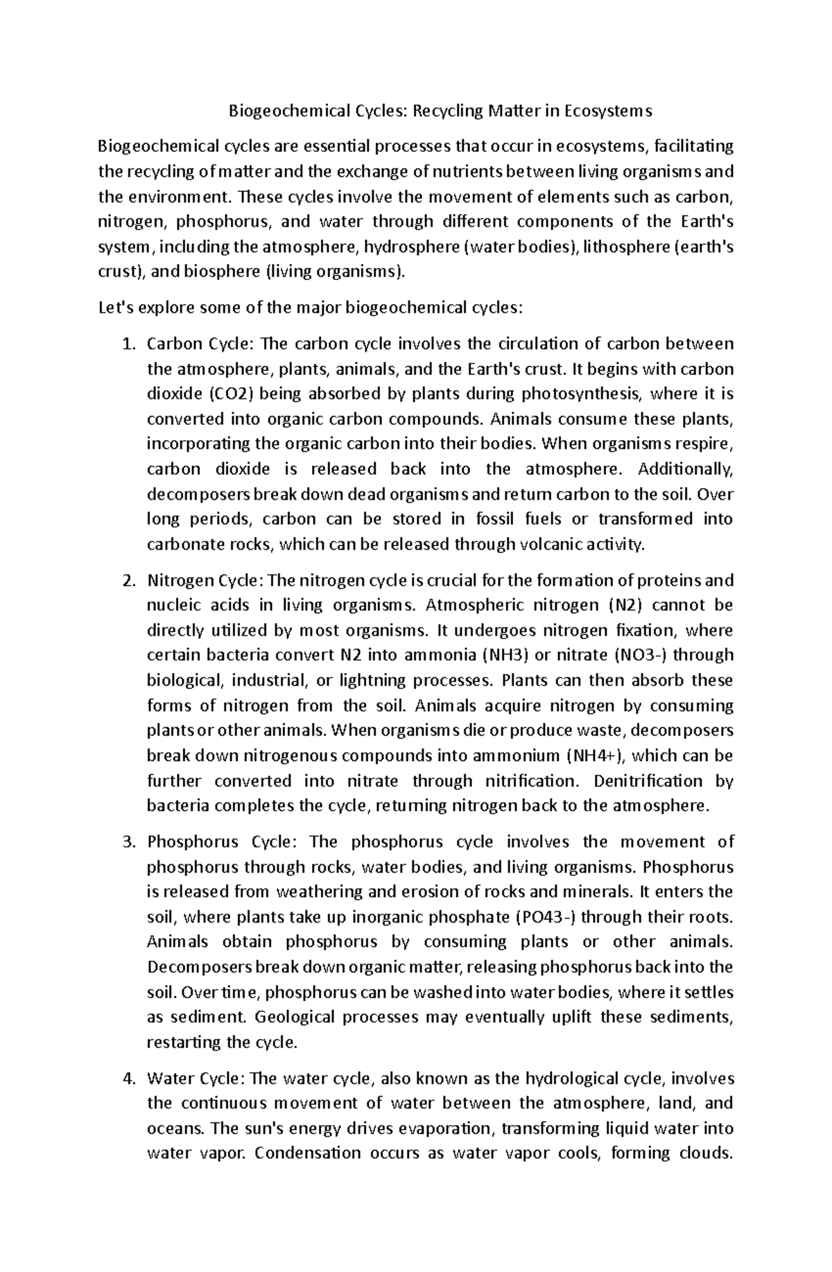 Biogeochemical Cycles Recycling Matter in Ecosystems - Biogeochemical ...