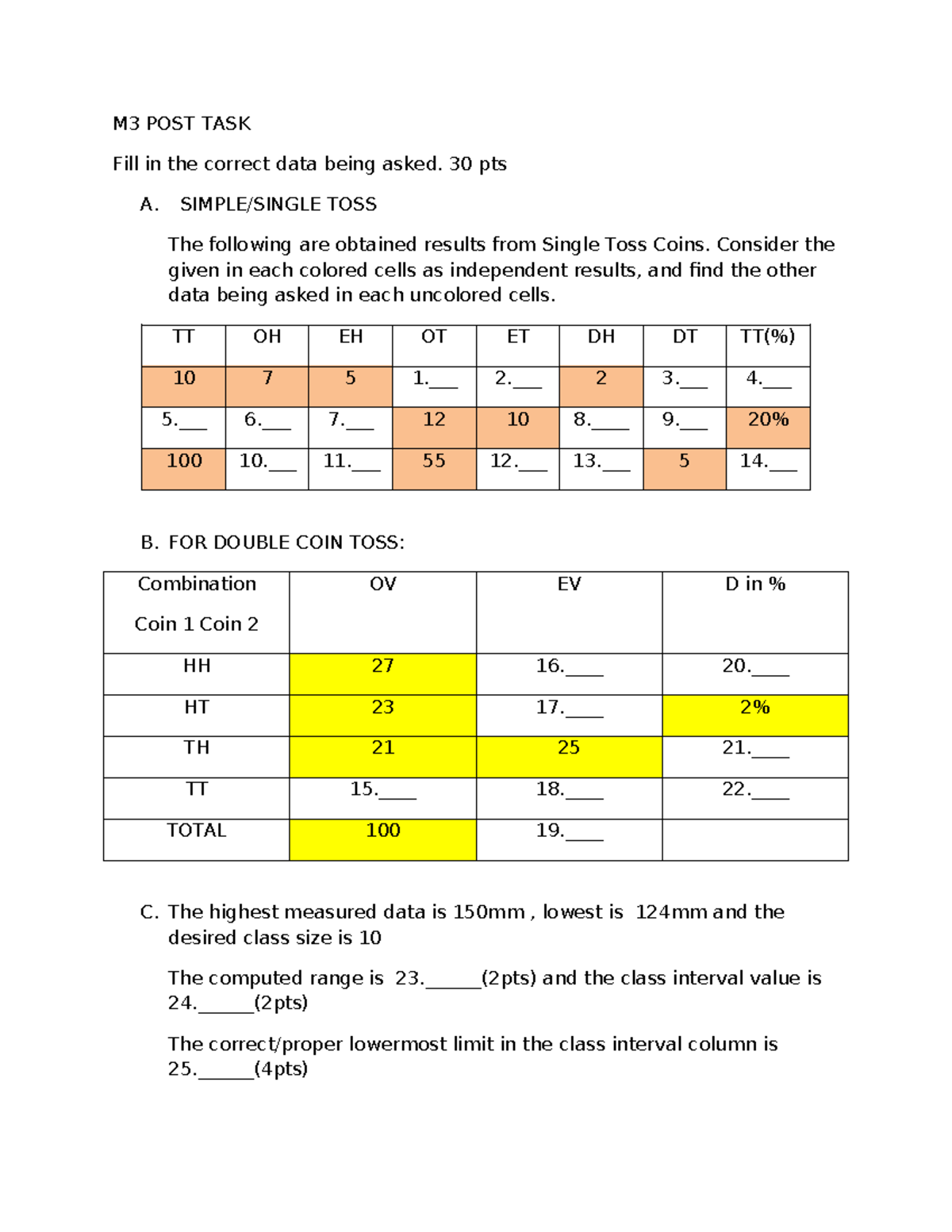 M3 POST TASK-1 - M3 POST TASK Fill in the correct data being asked. 30 ...