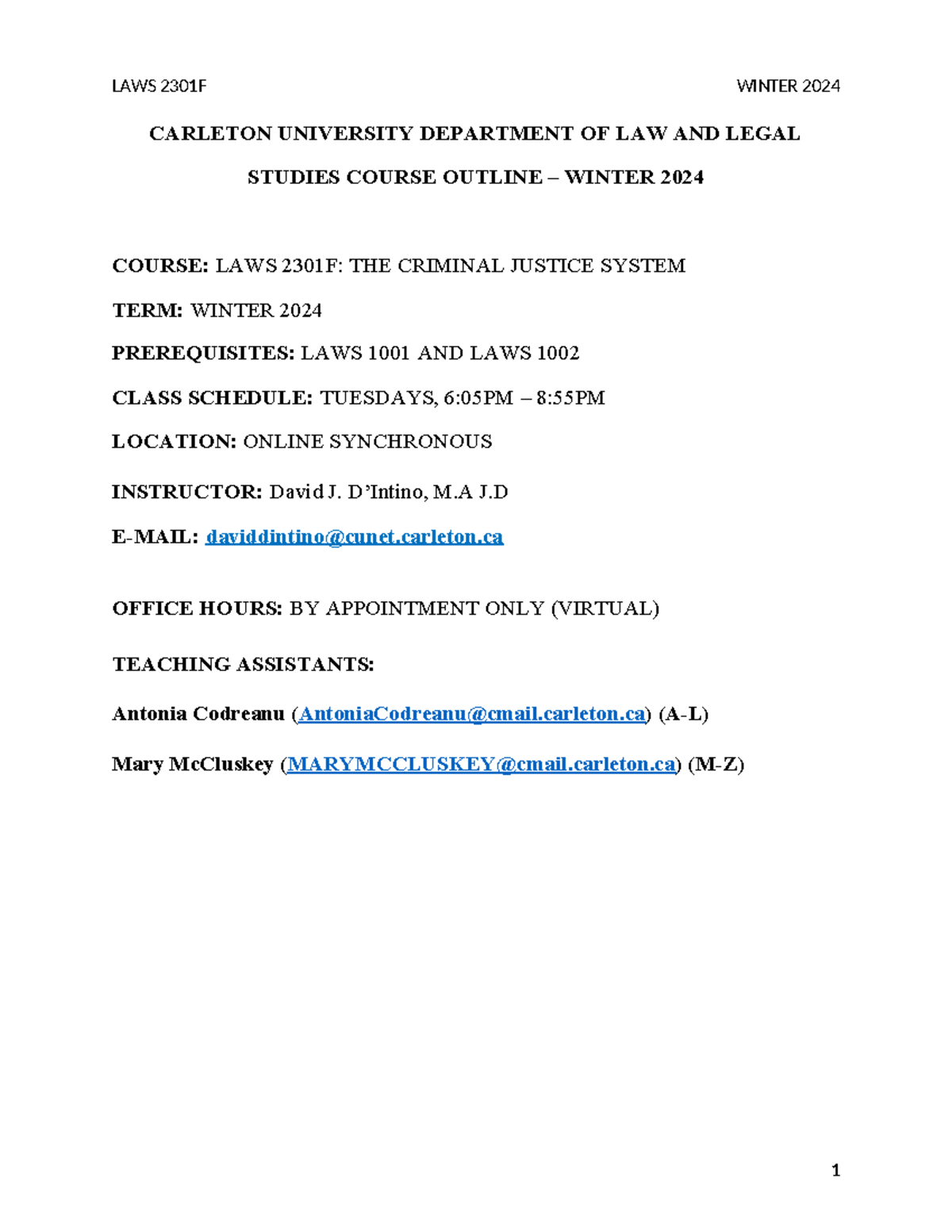 LAWS 2301F - Winter 2024 Outline - CARLETON UNIVERSITY DEPARTMENT OF ...