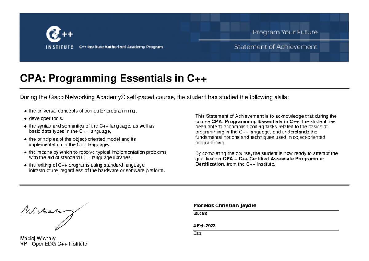 CPA - Programming Essentials in C++ Certificate - CPA: Programming Essentials in C++ During the ...