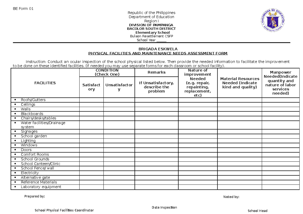 B - sample paper - BE Form 01 Republic of the Philippines Department of ...