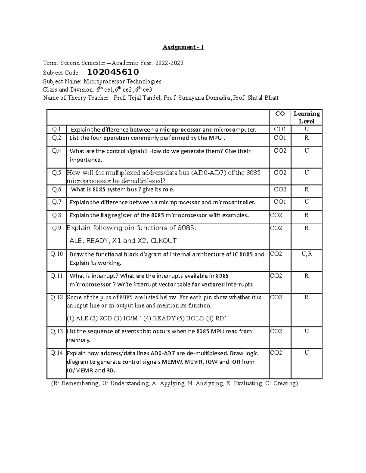 Assignment CHAP - Microprocessor Technologies - Assignment - I Term: Second Semester – Academic ...