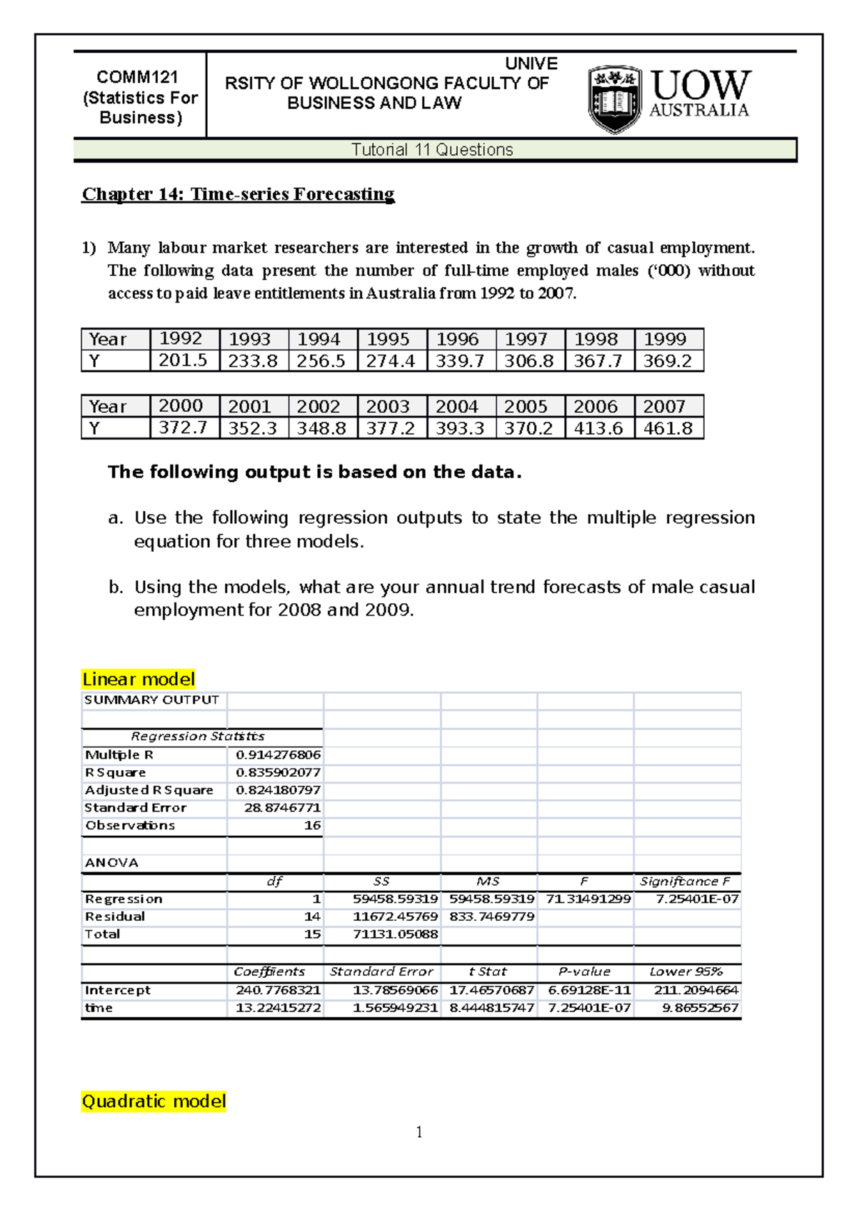 COMM121 T11 Questions ch 141 - COMM (Statistics For Business) UNIVE ...