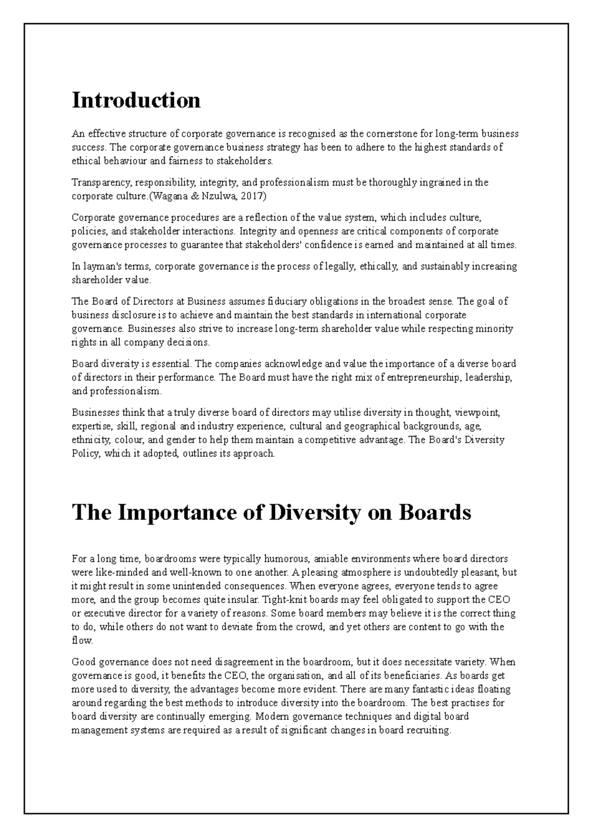 Corporate Governance - Report Four - Introduction An effective ...