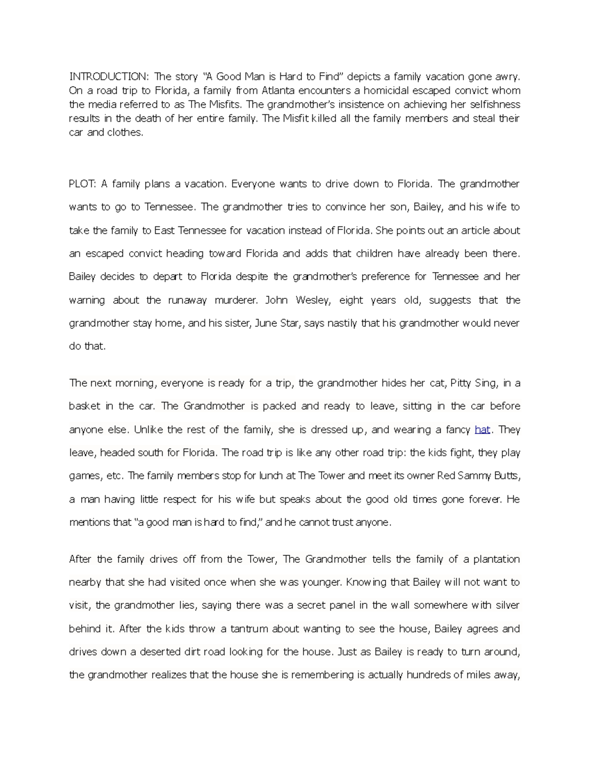 A Good Man is Hard to Find - INTRODUCTION: The story “A Good Man is ...