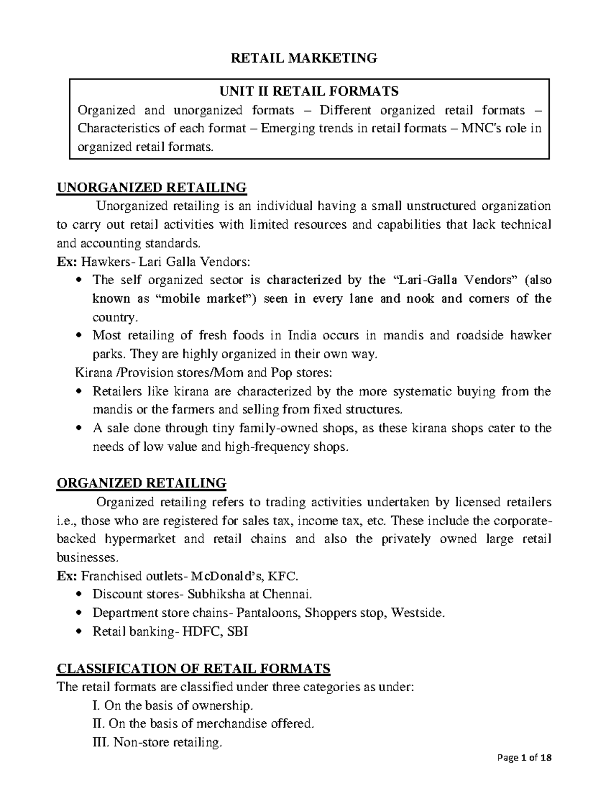 RM Unit 2 - Lecture notes of RM unit 2 - RETAIL MARKETING UNORGANIZED ...