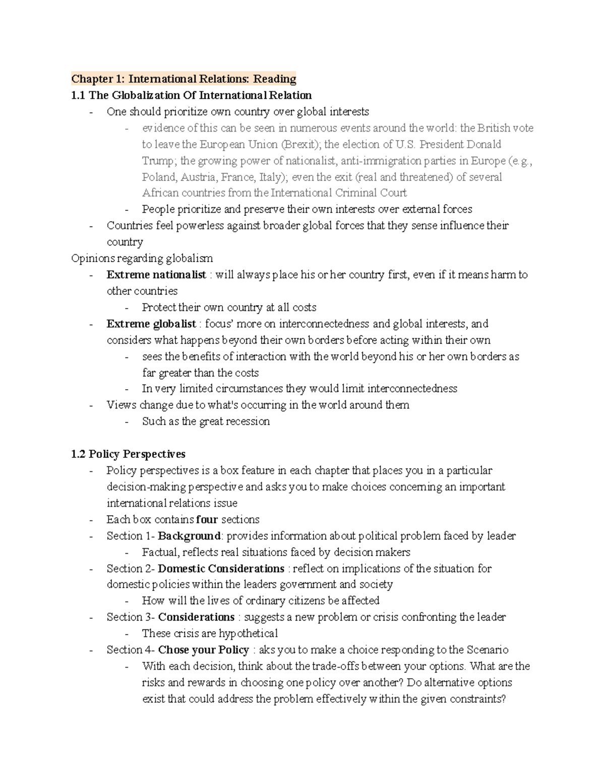 POLI2520 - Lecture notes 1-18 - Chapter 1: International Relations ...