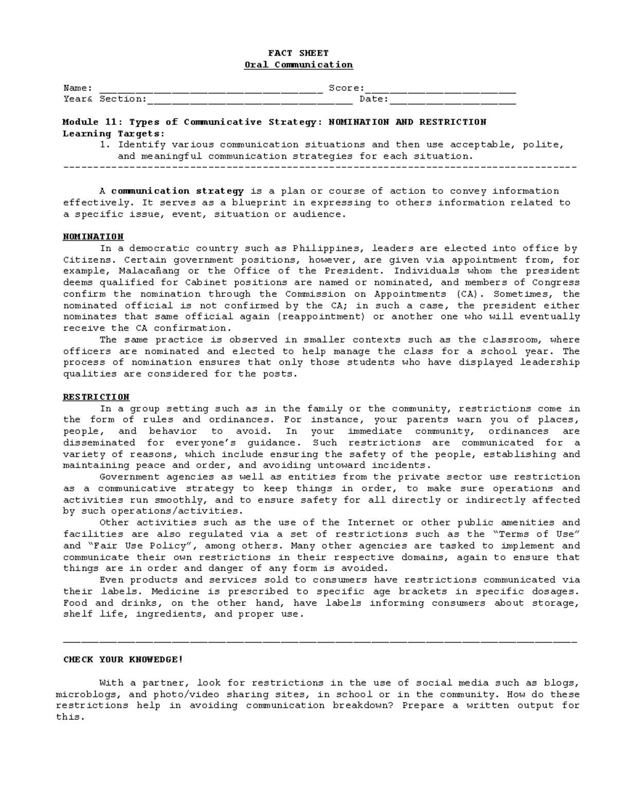 Fact sheet - Nomination and Restriction - FACT SHEET Oral Communication ...