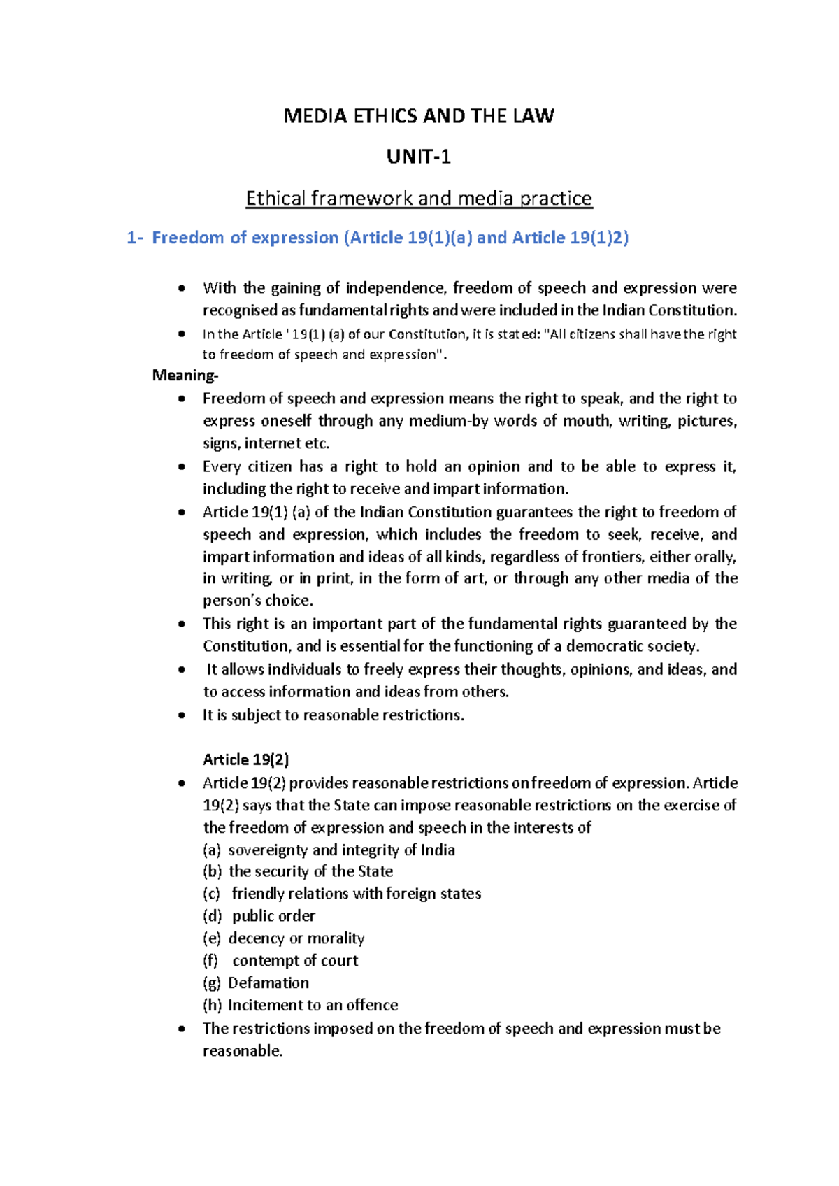Media Laws and Ethics- complete notes - MEDIA ETHICS AND THE LAW UNIT ...