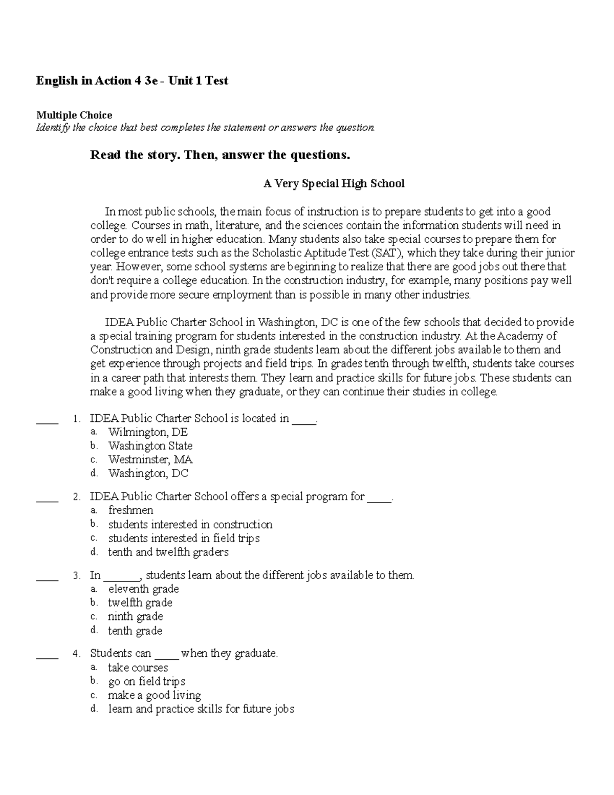 Eia 4 3e unit 1 test - tài liệu - English in Action 4 3e - Unit 1 Test ...