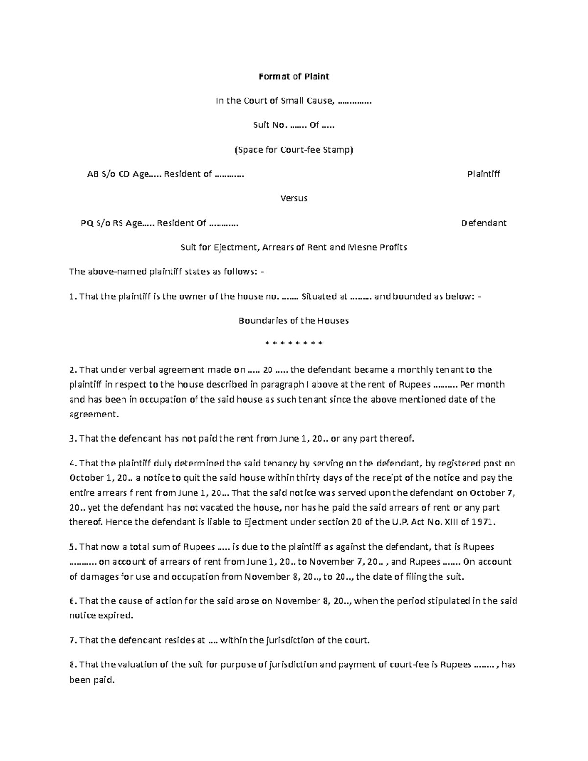 Format OF Plaint AND Written Statement - Format of Plaint In the Court ...