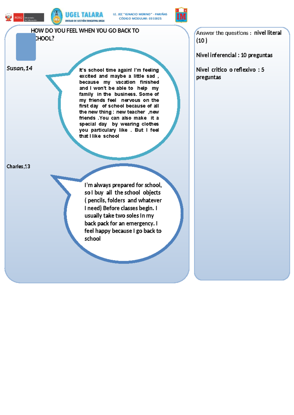 Reading feeling - HOW DO YOU FEEL WHEN YOU GO BACK TO SCHOOL? Susan ...