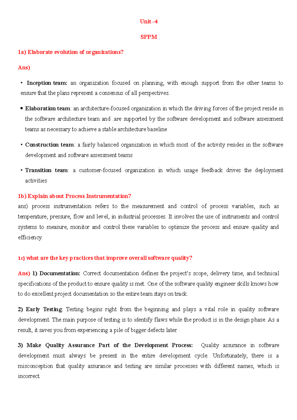 Unit 4 QB & A - Unit - SPPM 1a) Elaborate evolution of organizations? Ans) Inception team: an ...
